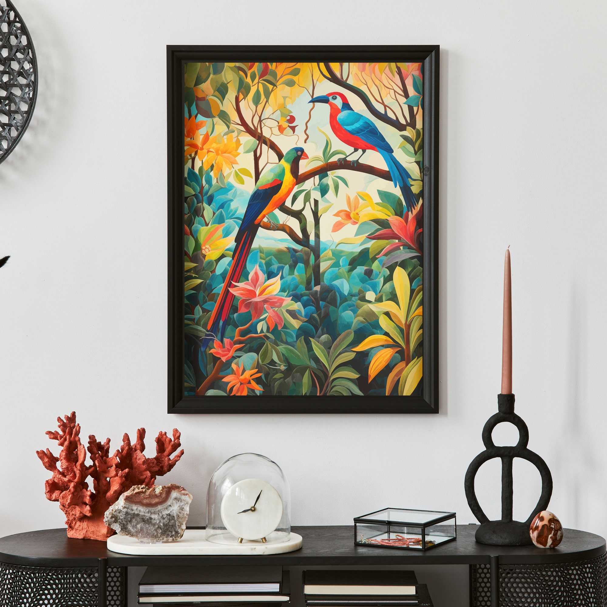 Diego Rivera Print: Lush Garden Poster With Vibrant Birds & Colorful ...