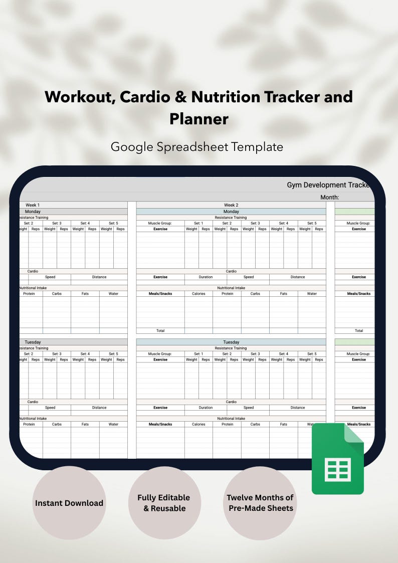 Simple Workout, Cardio & Nutrition Tracker | Google Sheets Template - Etsy