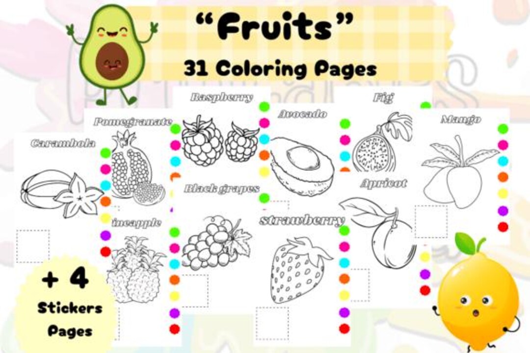 Fruits Coloring Pages for Kids – 31 Fun Fruit Designs + 4 Bonus Sticker ...
