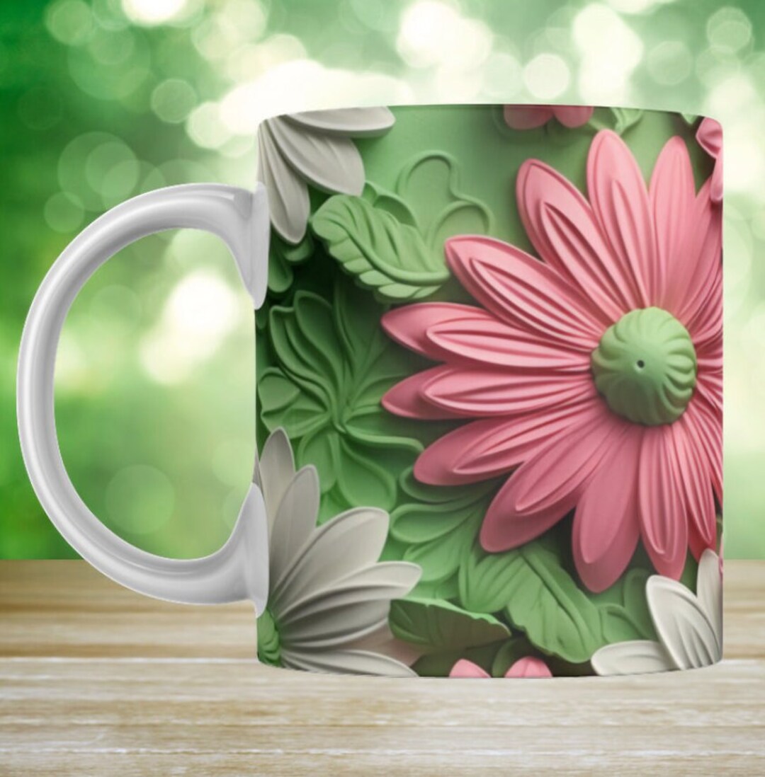 Pink and Green 3D Daisies Mug, 3D Floral Mug, 3D Daisies Ceramic Mug ...