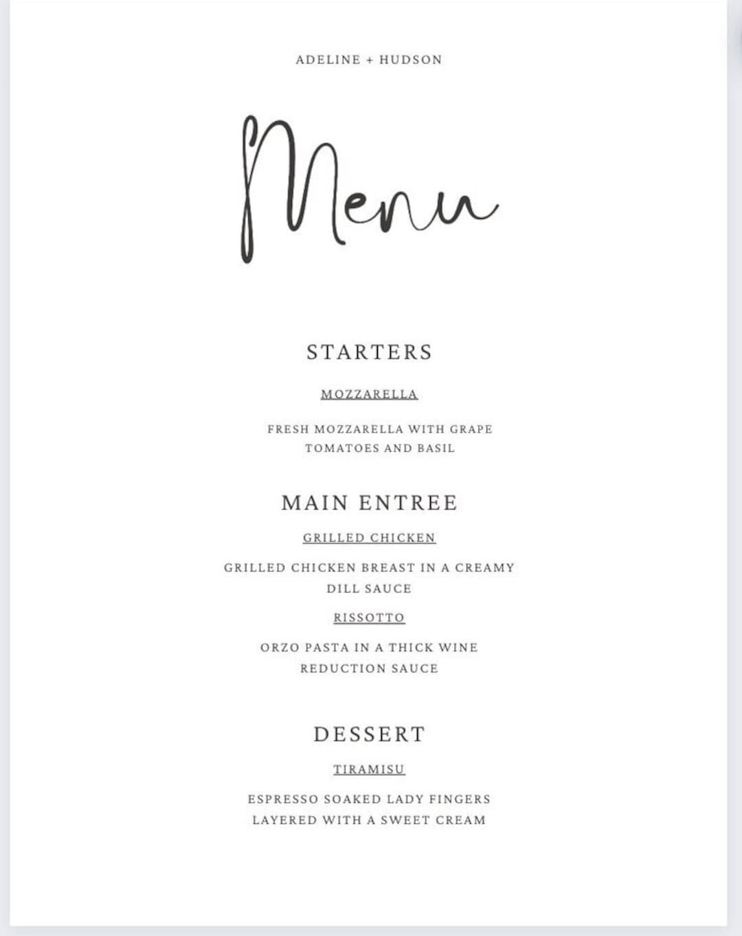 Elegant Food Menu Sign Modern Dinner Menu Template for - Etsy