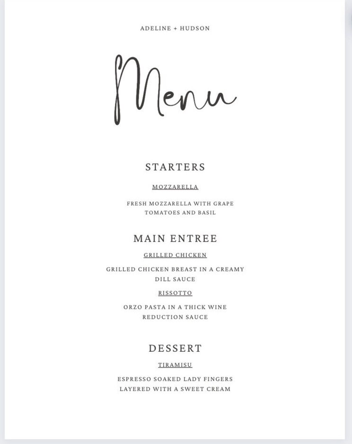 Elegant Food Menu Sign, Modern Dinner Menu Template for Wedding ...