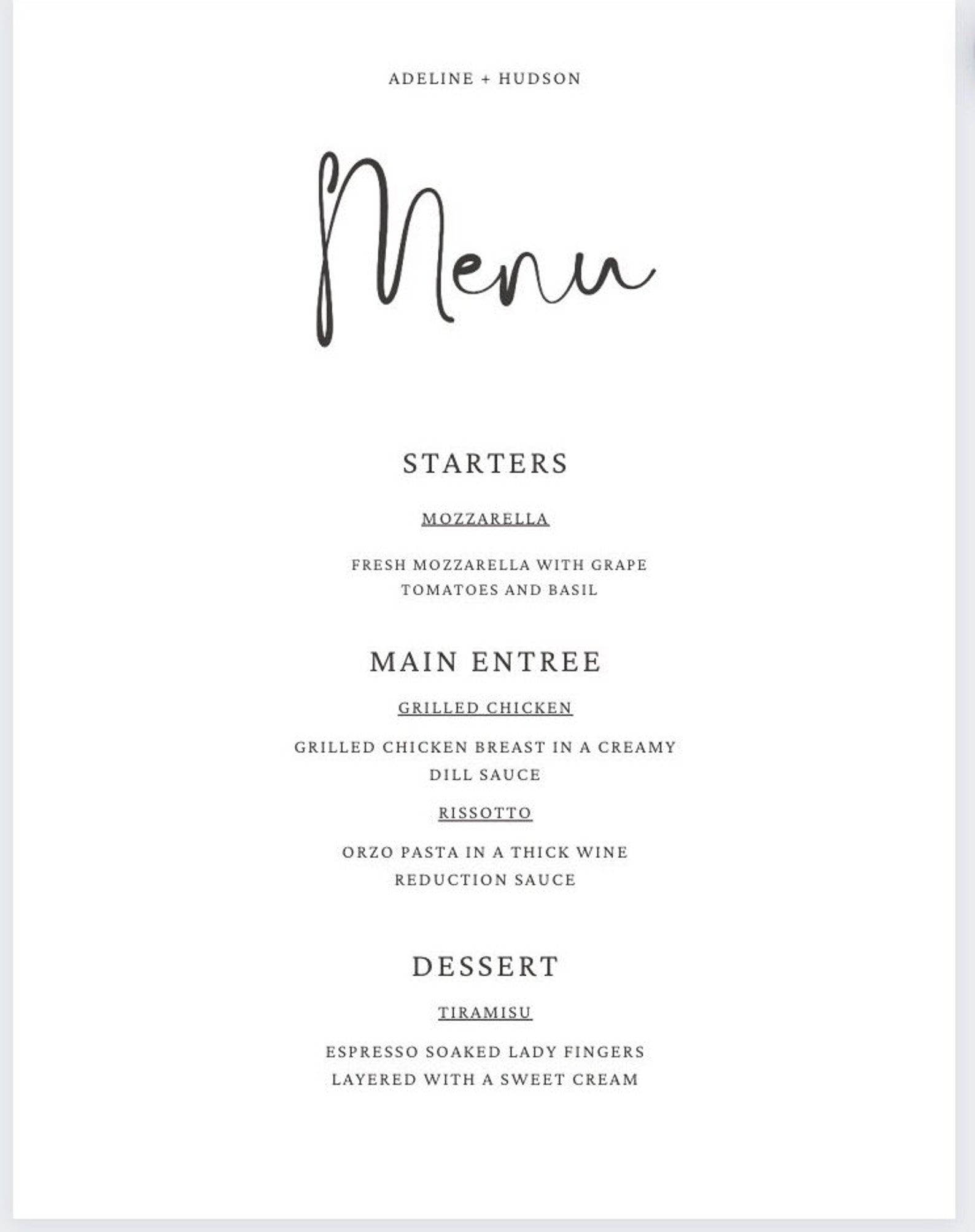 Elegant Food Menu Sign, Modern Dinner Menu Template for Wedding ...
