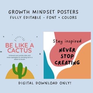 Growth Mindset Editable Classroom Printable Posters, Modern Boho ...