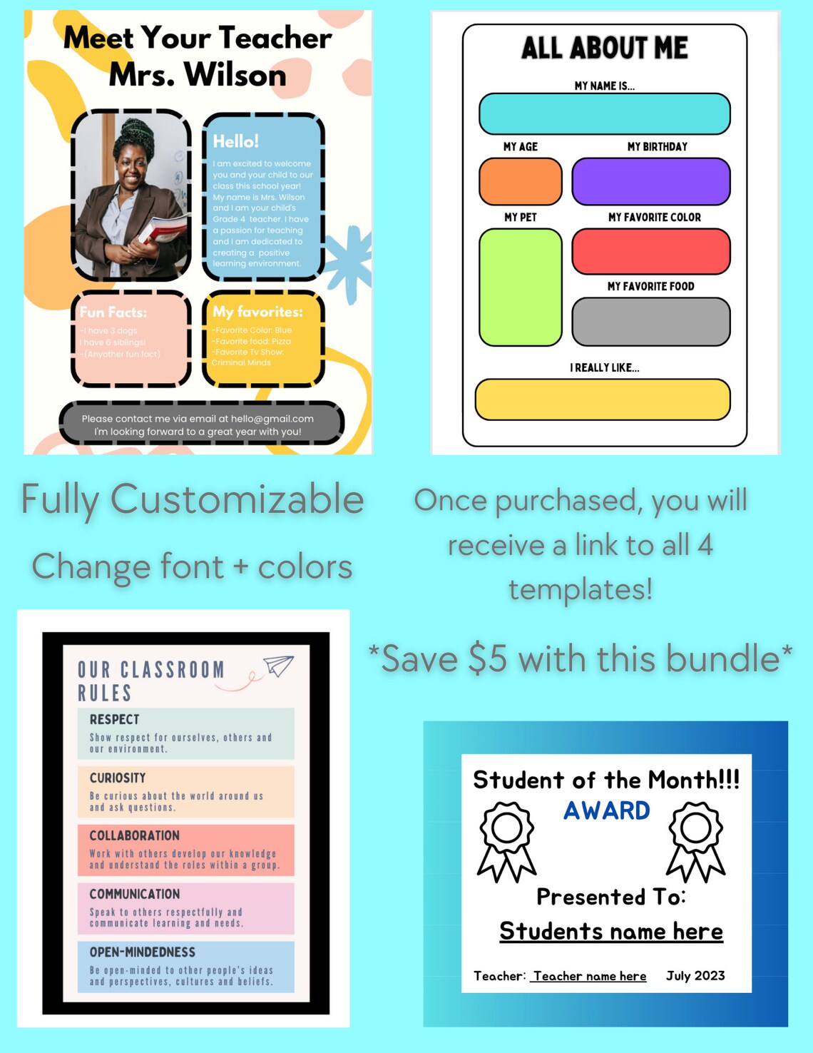 Meet the Teacher Template, About Me Template, Classroom Rules, Student ...