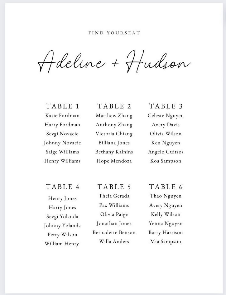 Editable Seating Plan Template Modern Design, Printable Wedding Chart ...