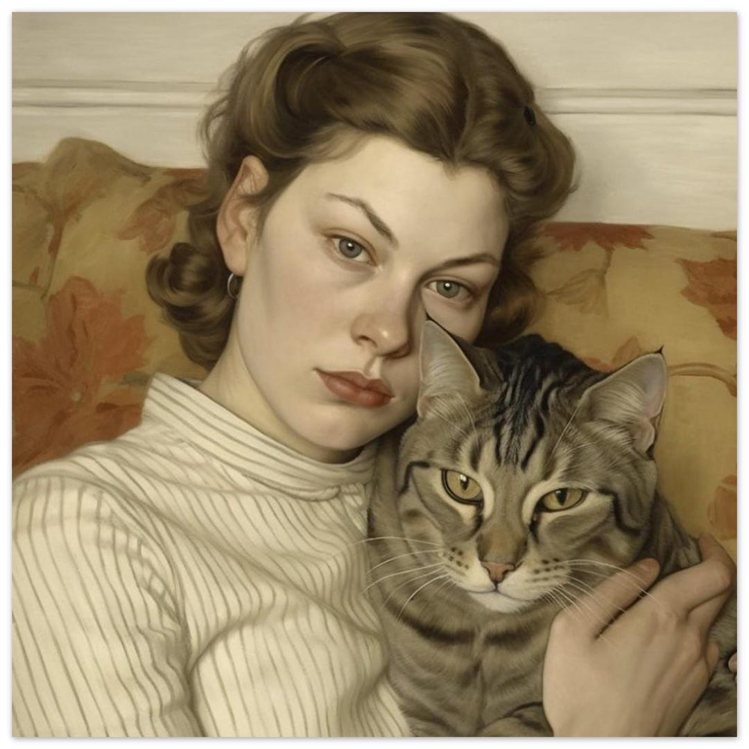 Woman With Cat Art Print: Lucian Freud Style Portrait - Etsy UK