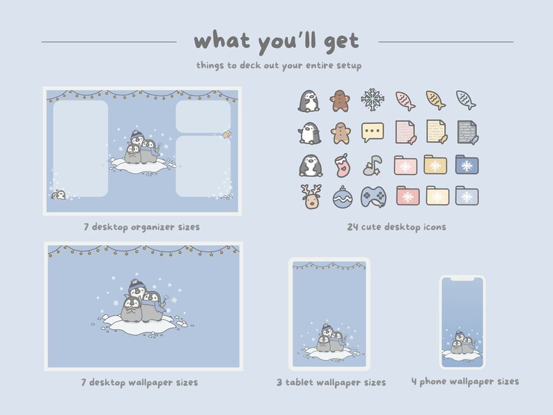 Winter Penguins Computer Desktop Organizer Set | Cute Aesthetic ...