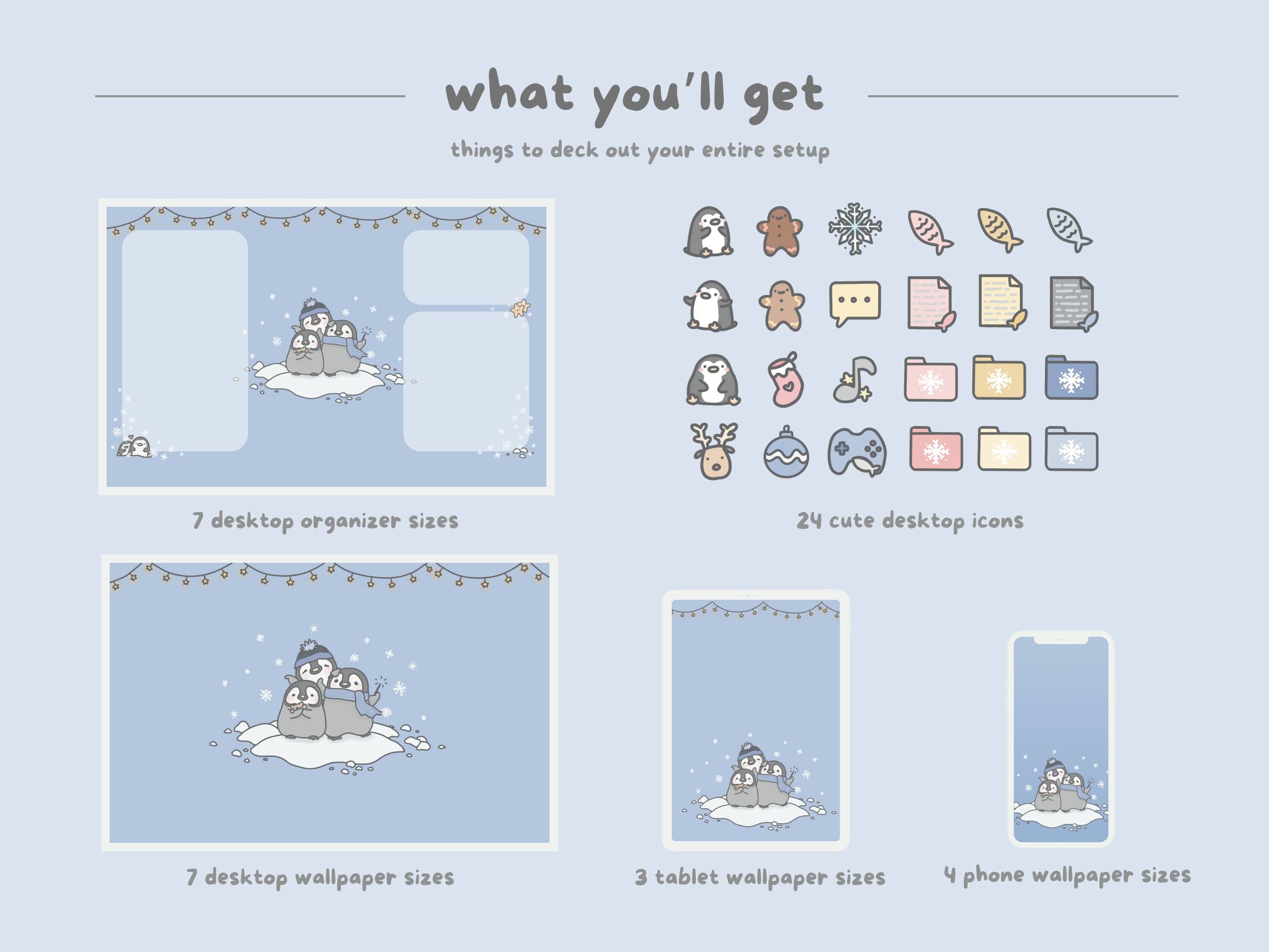 Winter Penguins Computer Desktop Organizer Set | Cute Aesthetic ...