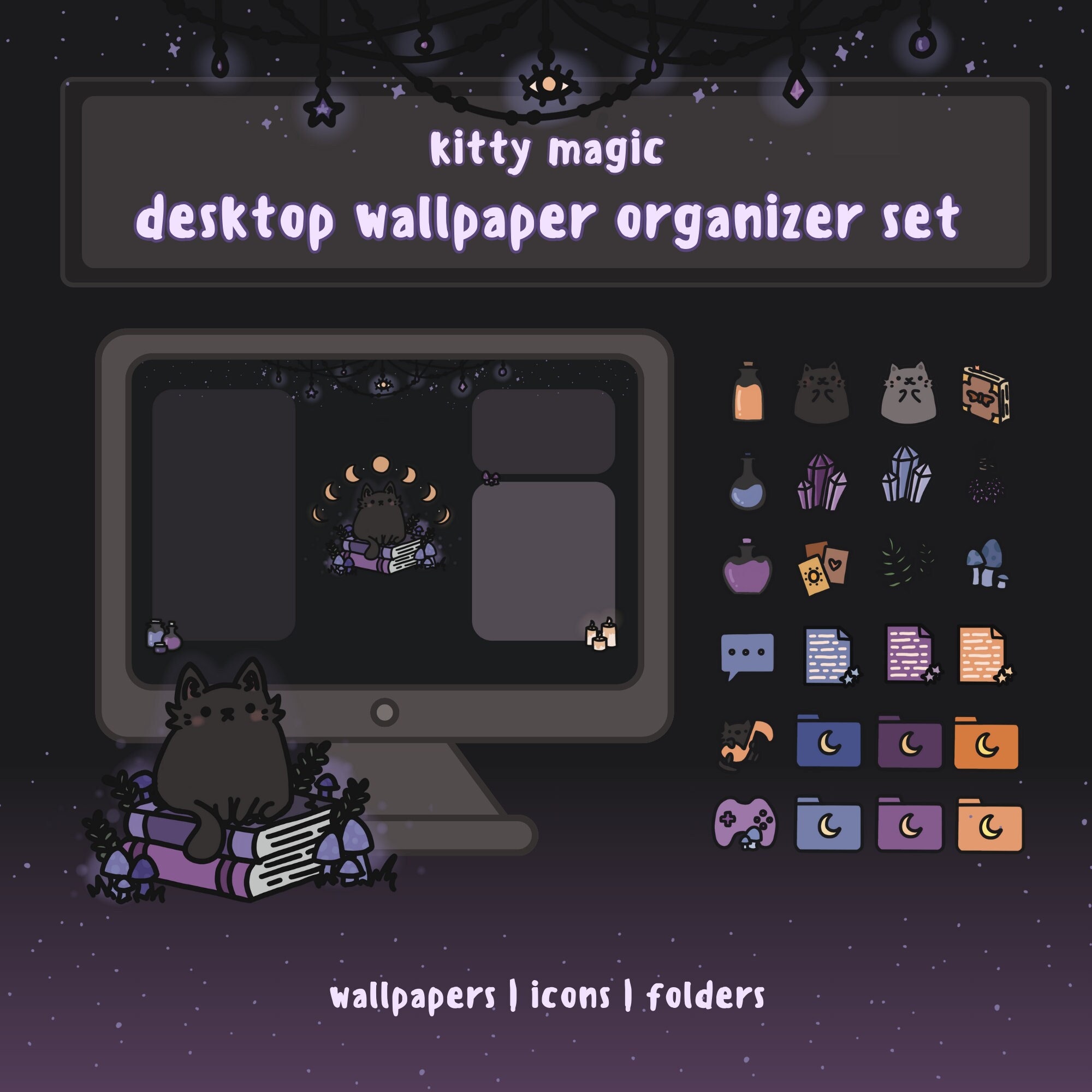 Kitty Magic Computer Desktop Organizer Set | Cute Witchy Wallpaper Theme | Custom Icons for Mac ...