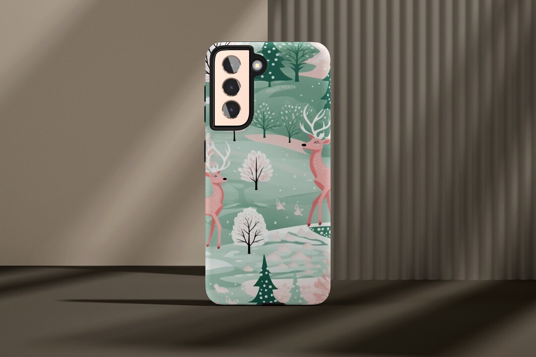 Pink and Green Winter Scene With Deer Phone Case, iPhone Tough Phone ...