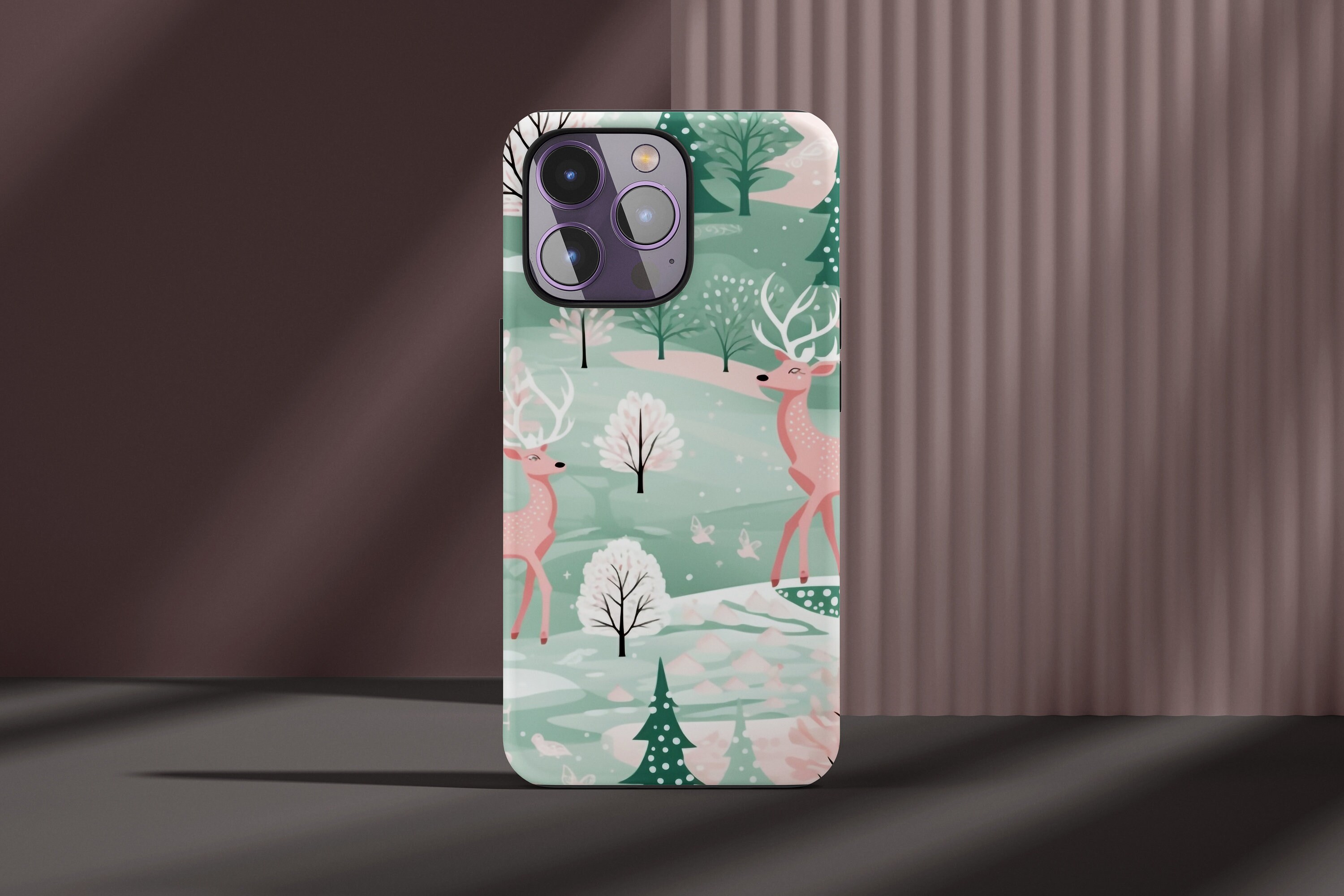 Pink and Green Winter Scene With Deer Phone Case, iPhone Tough Phone ...
