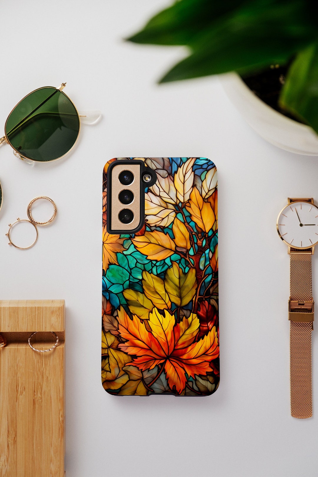 Colorful Stained Glass Fall Leaves Phone Case, iPhone Tough Phone Case ...