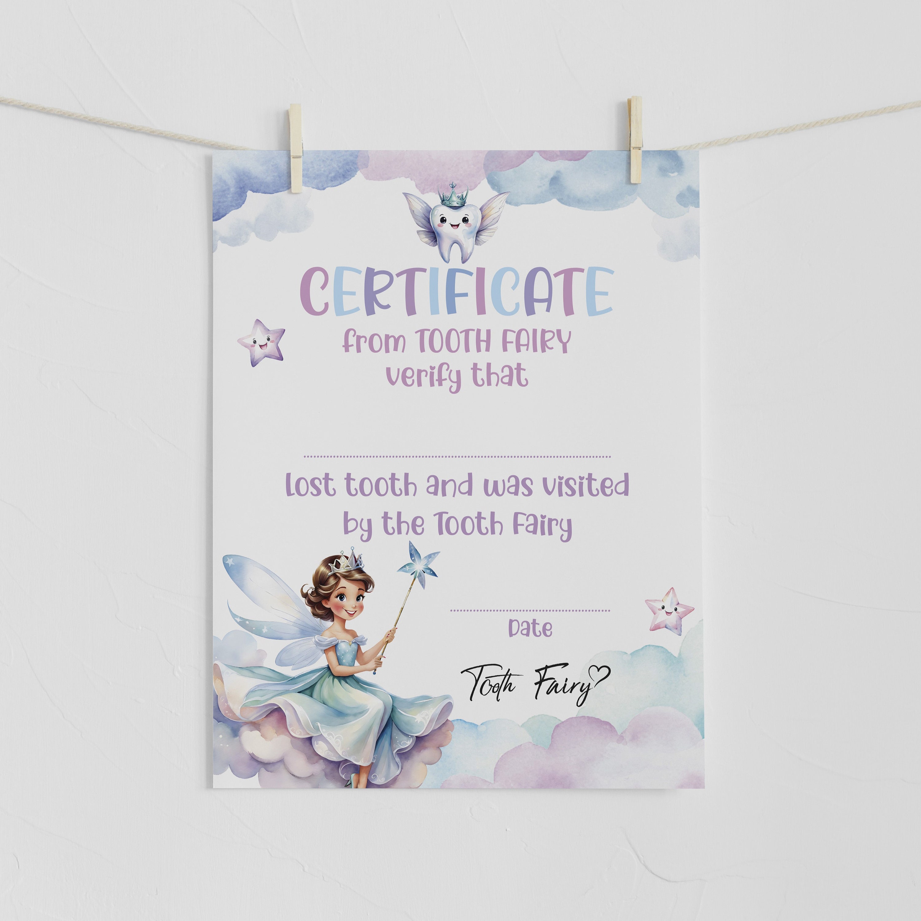 Printable Tooth Fairy Certificate for Girls, First Tooth Loss, Pastel ...