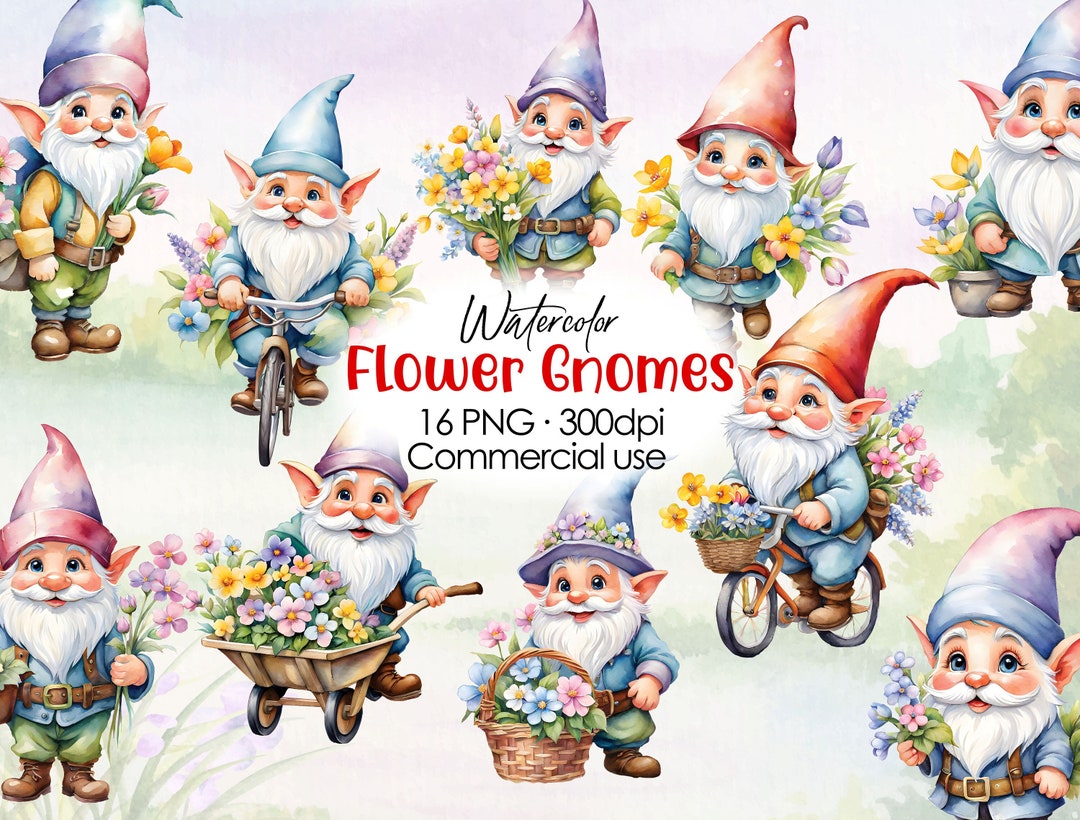 Watercolor Gnomes Clipart, Cute Dwarf and Spring Flowers 16 PNG Cartoon ...