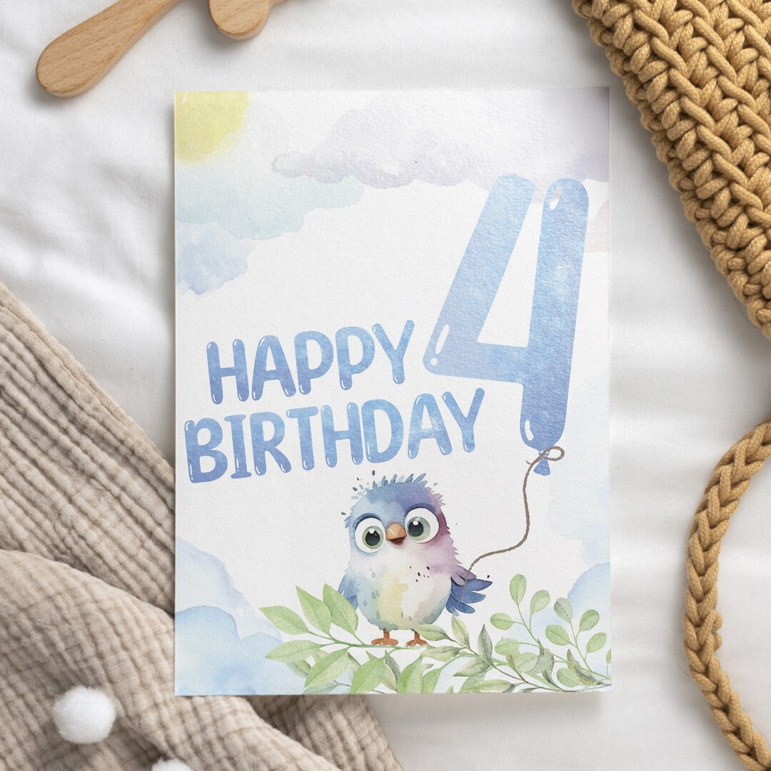 Printable Happy Birthday Card, Kids 4th Bday Cards Digital Download ...