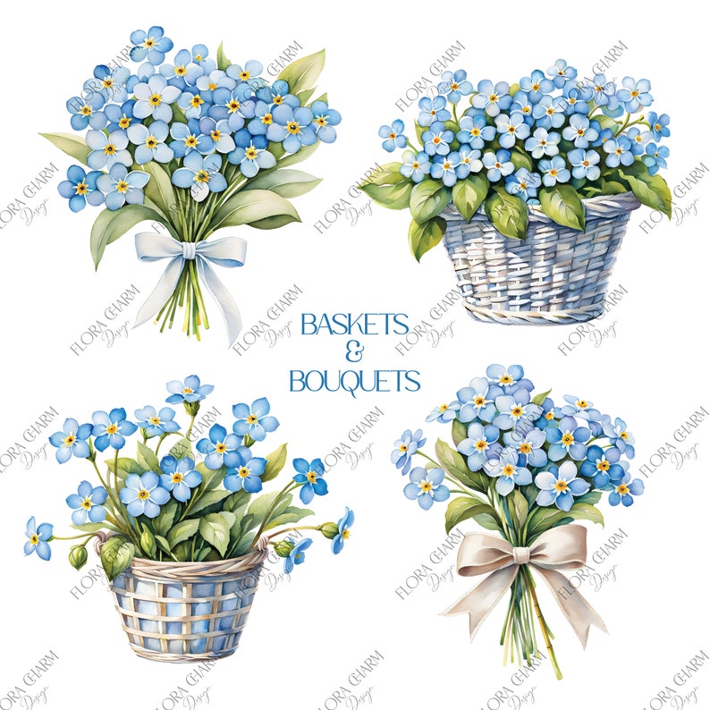 Watercolor Forget-me-not Clipart, Blue Wildflowers Bouquet, Summer ...