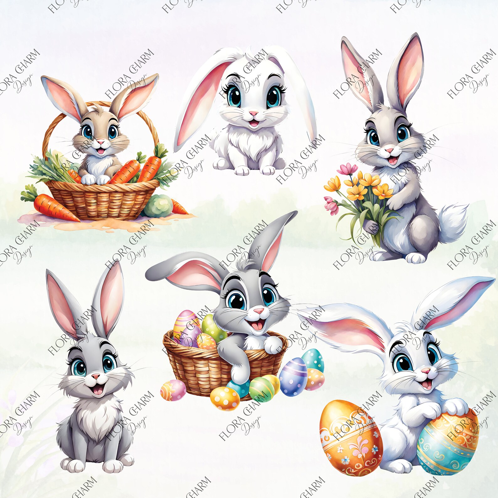 Easter Bunnies Clipart Bundle, Cute Spring Rabbit PNG, Flowers Basket ...