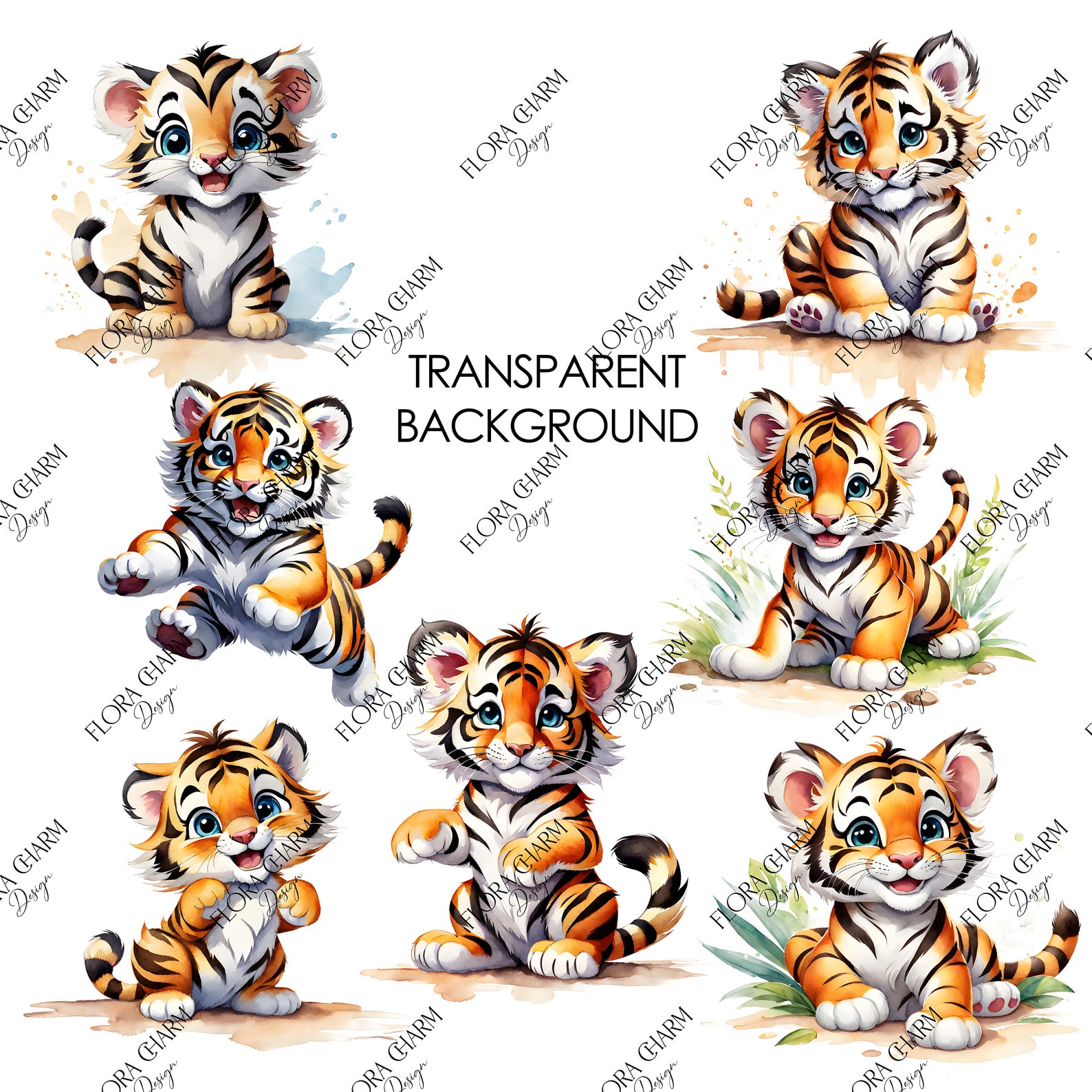 Watercolor Baby Tiger PNG, Digital Download, Cute Clipart, Transparent ...