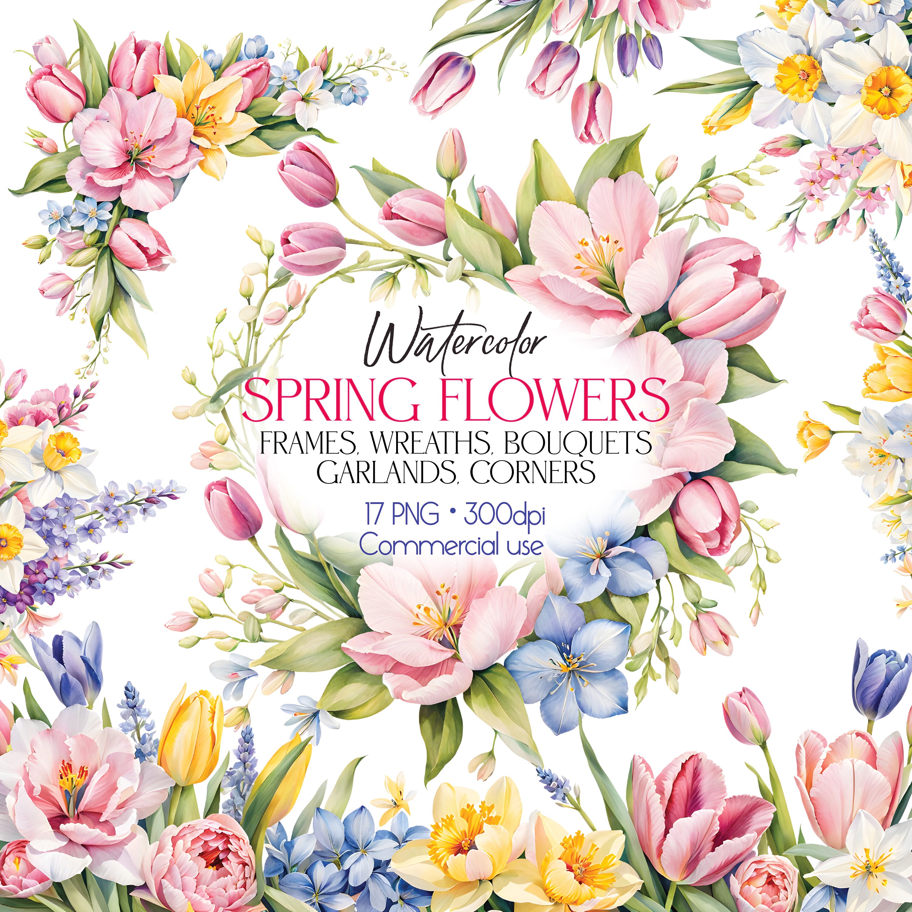 Spring Flowers Clipart Bundle, Daffodils, Tulips, Hyacinths PNG ...