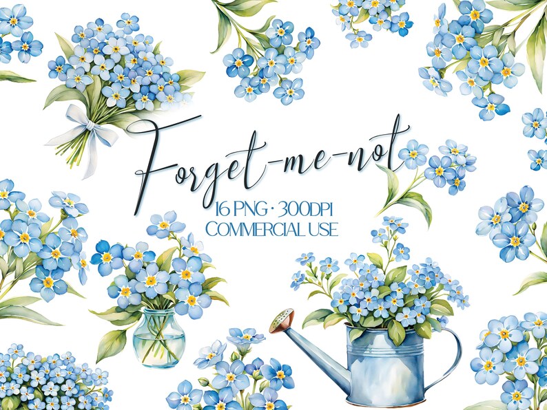 Watercolor Forget-me-not Clipart, Blue Wildflowers Bouquet, Summer ...
