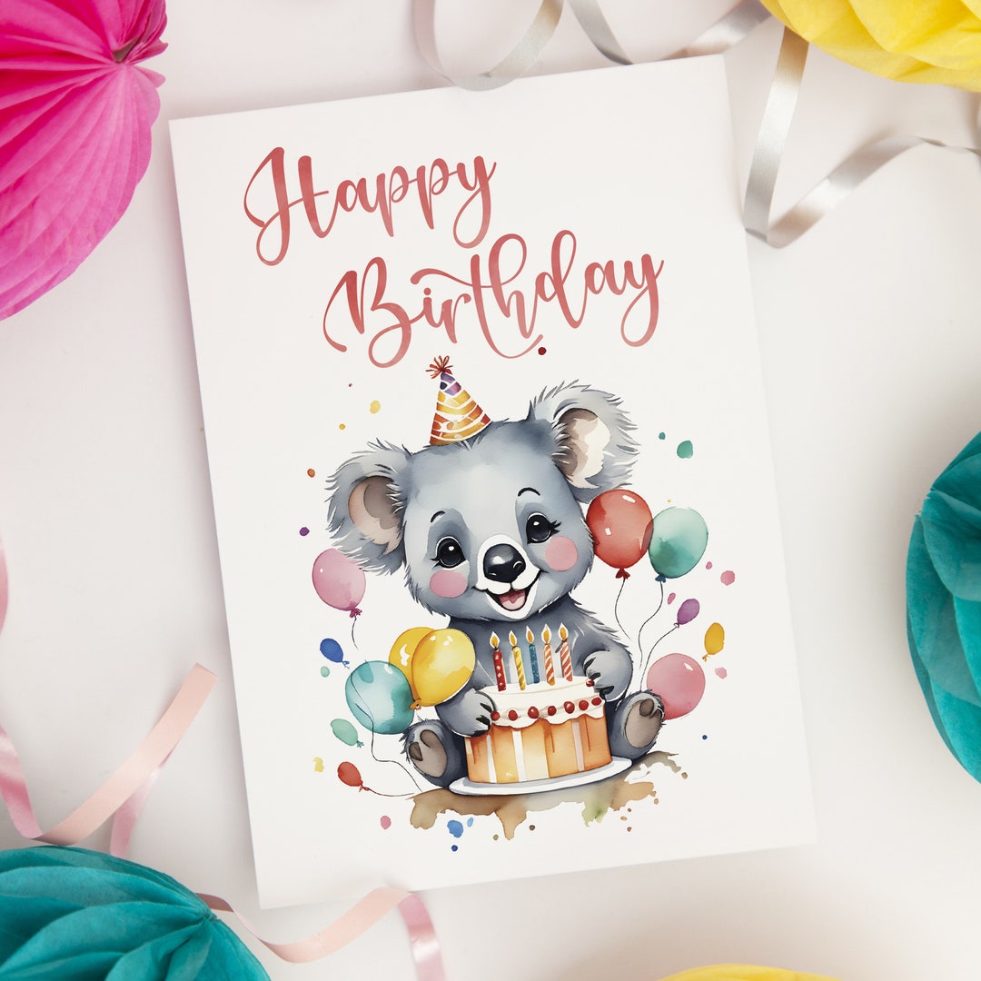 Digital Koala Happy Birthday Greeting Card, Watercolor Cute Baby Animal ...
