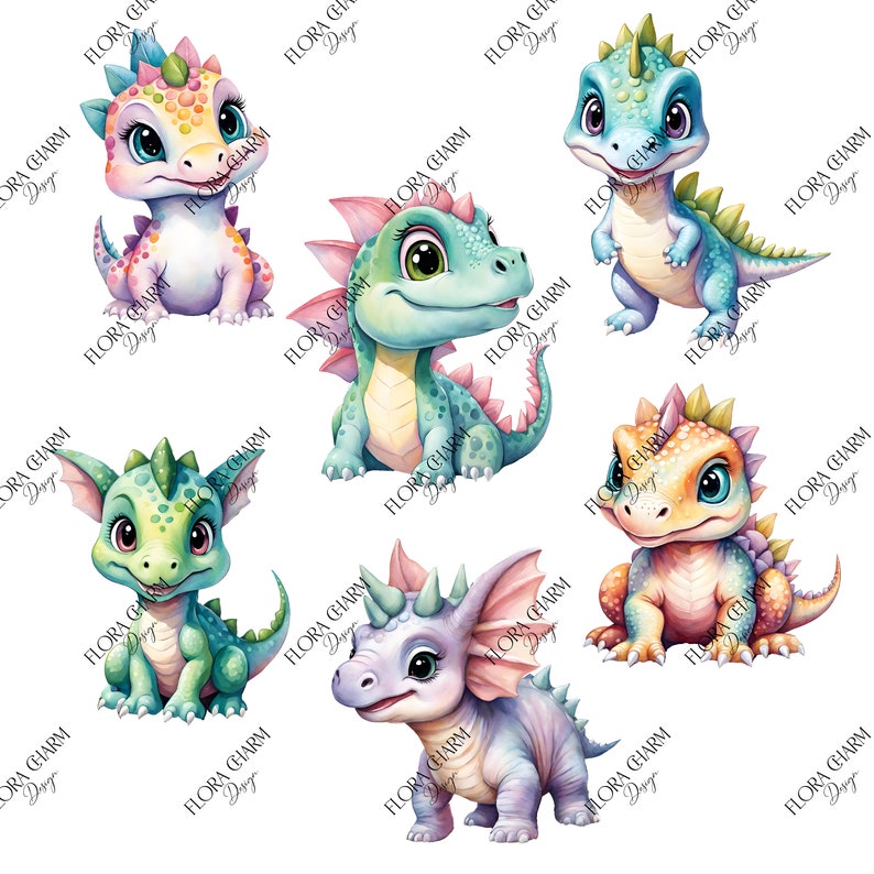 Watercolor Baby Dinosaur PNG, Cute Dragon Png Bundle, Girly Dinosaur ...