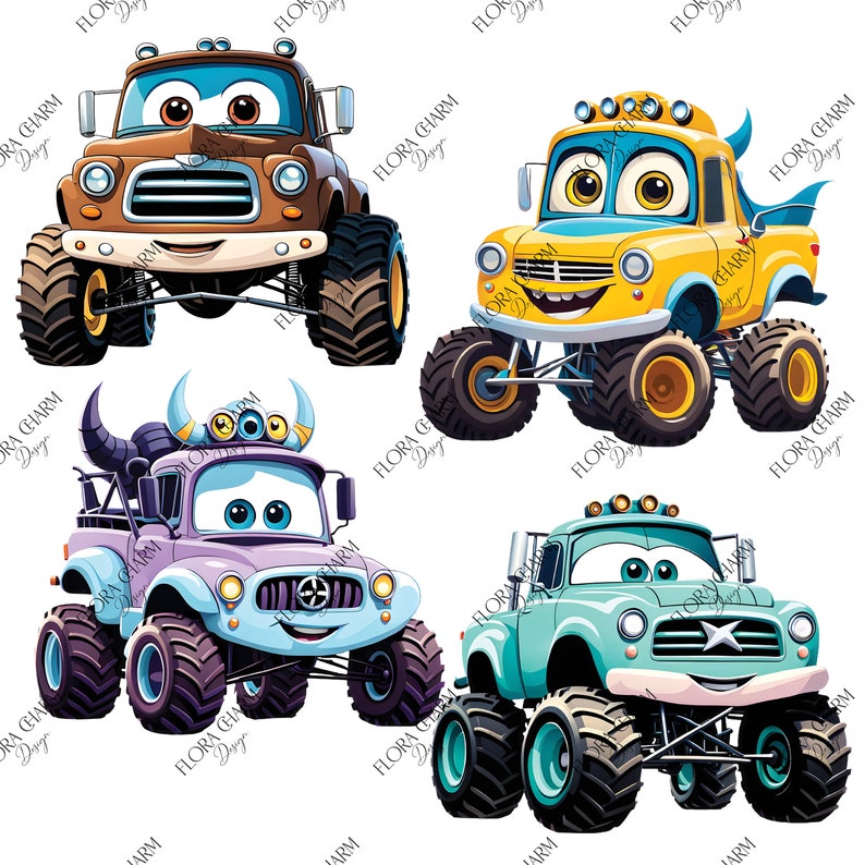 Monster Truck Clipart, Cute off Road Cars PNG, Cartoon Monster Cars for ...