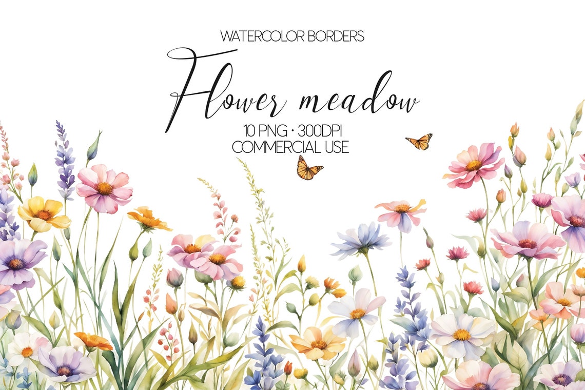 Watercolor Flower Borders Clipart, Summer Wildflower Meadow PNG ...