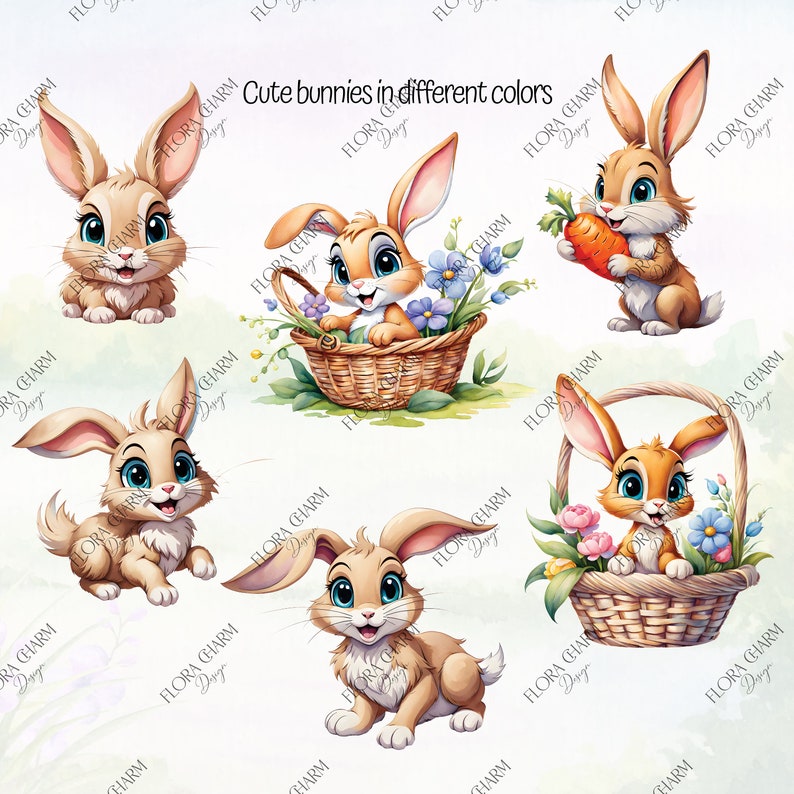 Easter Bunnies Clipart Bundle, Cute Spring Rabbit PNG, Flowers Basket ...