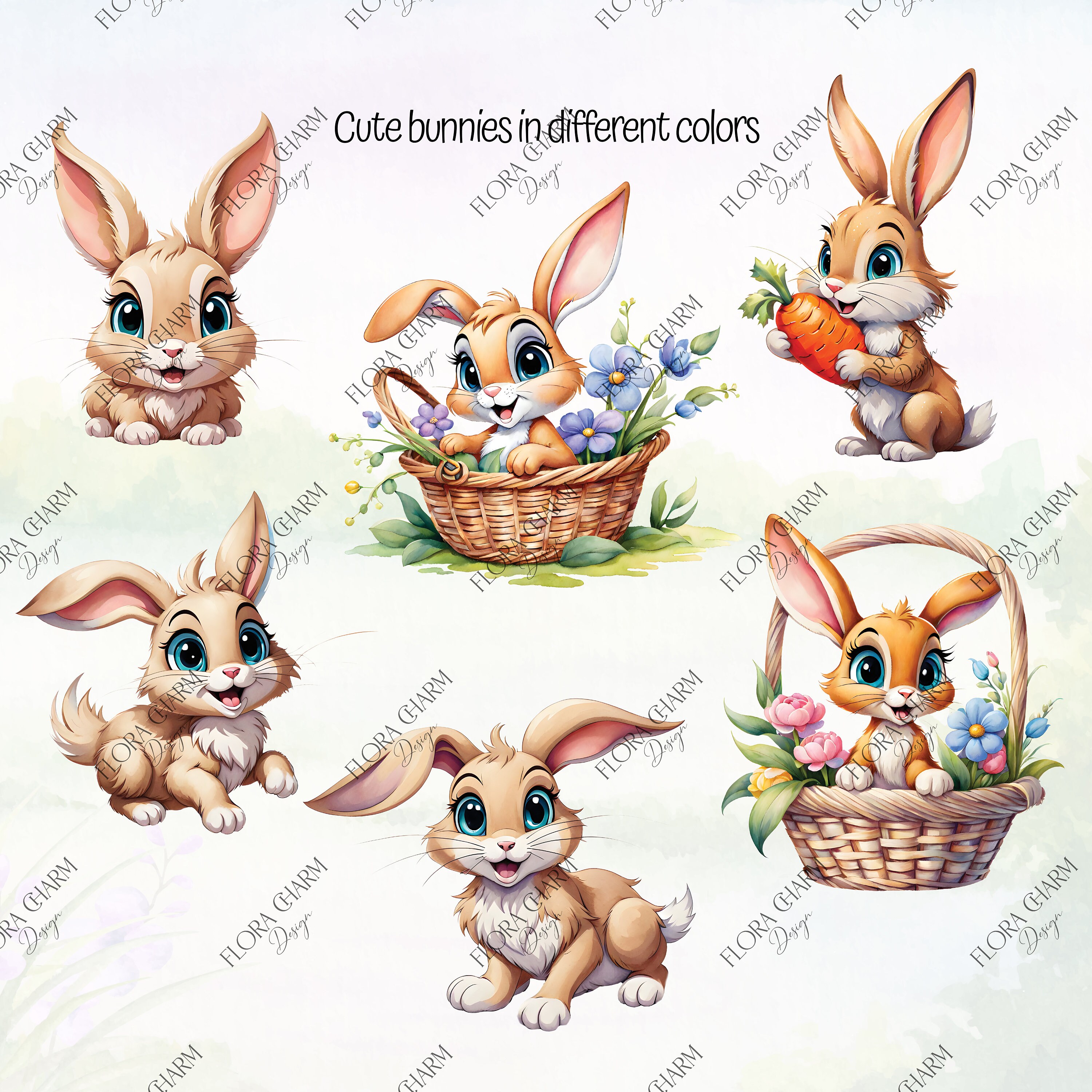 Easter Bunnies Clipart Bundle, Cute Spring Rabbit PNG, Flowers Basket ...