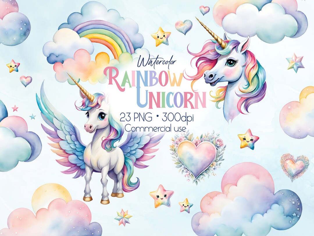 Cute Rainbow Unicorn Clipart With Clouds, Stars, Hearts, Pastel Colors ...