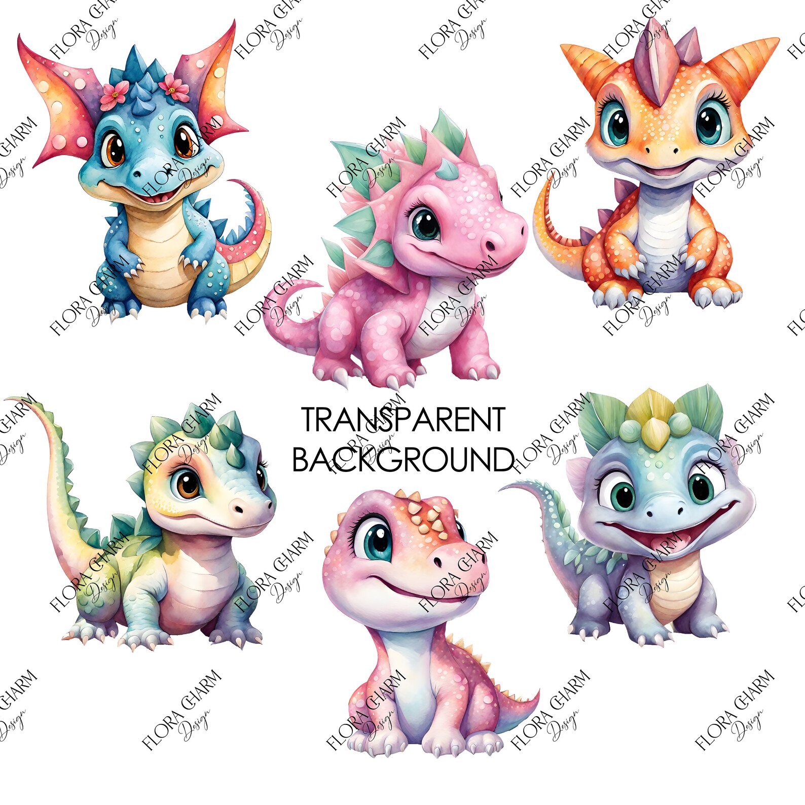Watercolor Baby Dinosaur PNG, Cute Dragon Png Bundle, Girly Dinosaur ...