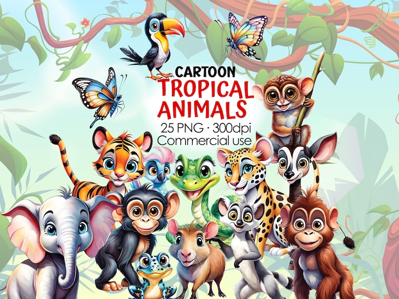 Tropical Animals Cartoon Clipart, Gorilla, Butterfly, Parrot, Tiger ...