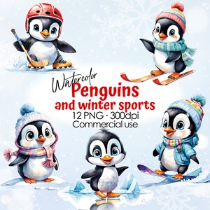 Watercolor Penguin Clipart Bundle, Cute Baby Penguin Png, Winter Sports ...
