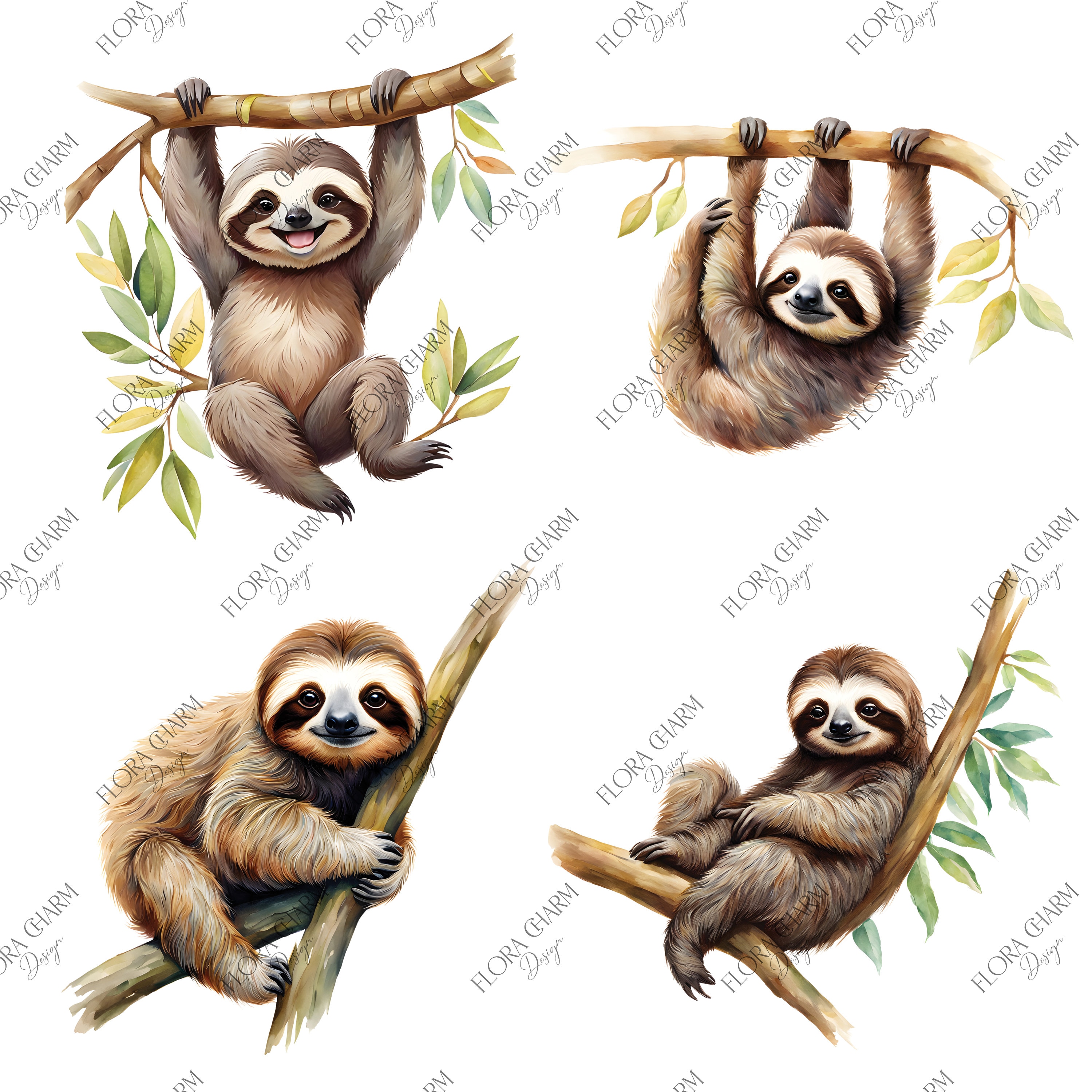 Watercolor Sloth Clipart, Stretching Yoga Sloths PNG, High Quality ...