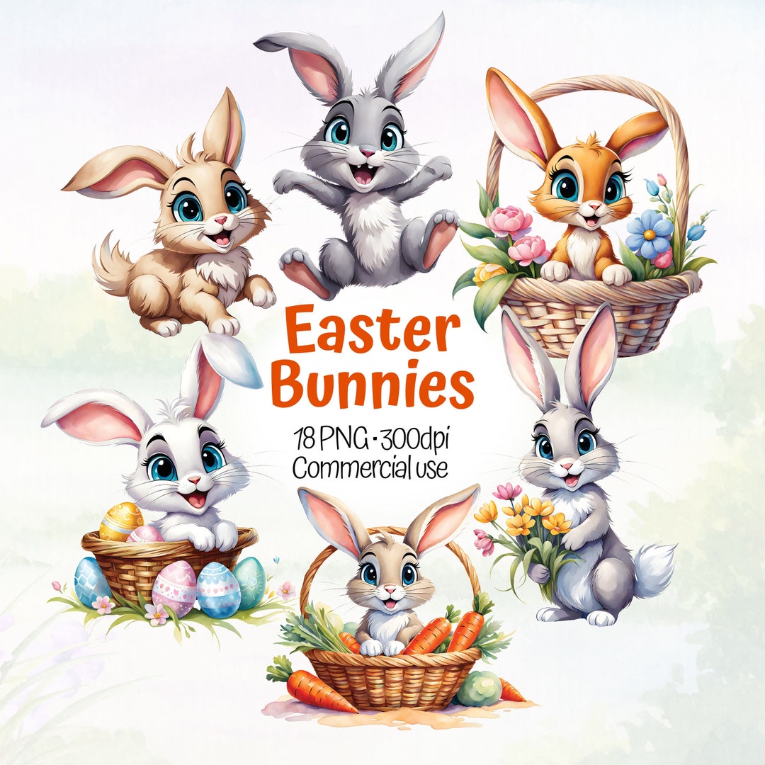 Easter Bunnies Clipart Bundle, Cute Spring Rabbit PNG, Flowers Basket ...