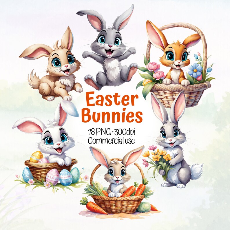 Easter Bunnies Clipart Bundle, Cute Spring Rabbit PNG, Flowers Basket ...
