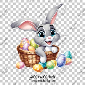 Easter Bunnies Clipart Bundle, Cute Spring Rabbit PNG, Flowers Basket ...