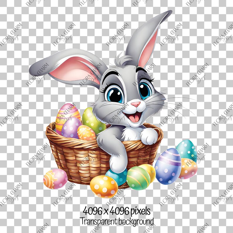 Easter Bunnies Clipart Bundle, Cute Spring Rabbit PNG, Flowers Basket ...