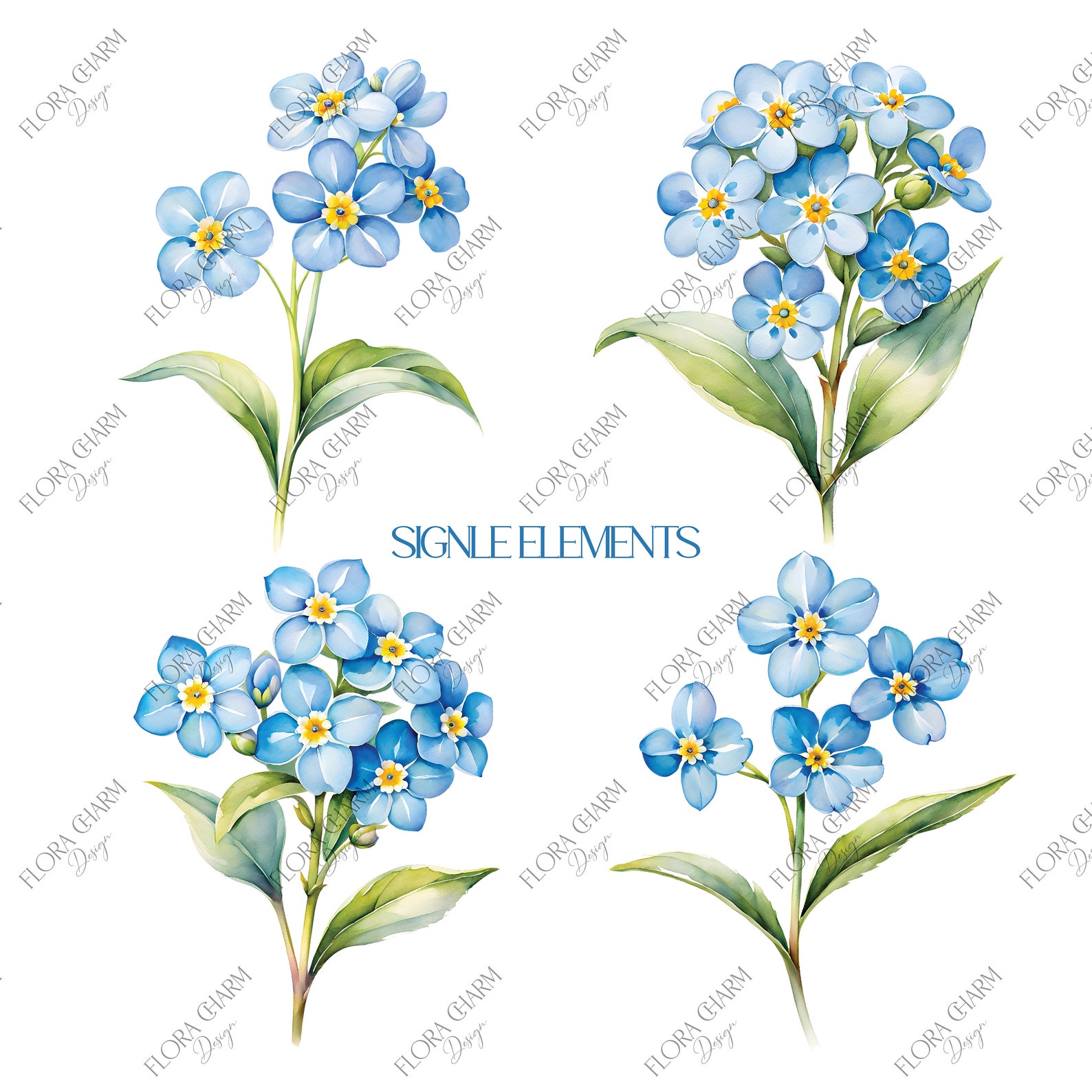 Watercolor Forget-me-not Clipart, Blue Wildflowers Bouquet, Summer ...