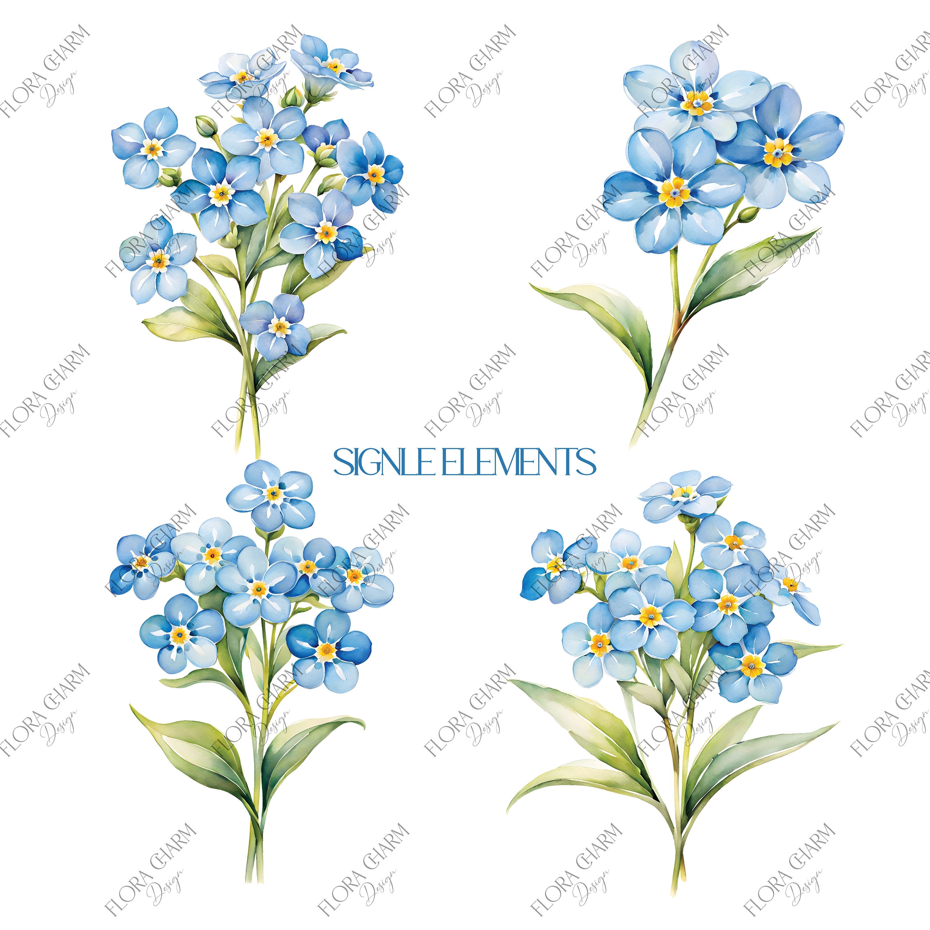 Watercolor Forget-me-not Clipart, Blue Wildflowers Bouquet, Summer ...