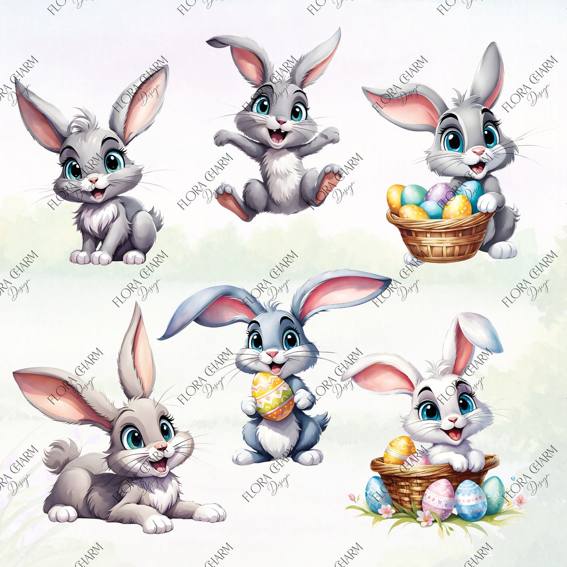 Easter Bunnies Clipart Bundle, Cute Spring Rabbit PNG, Flowers Basket ...