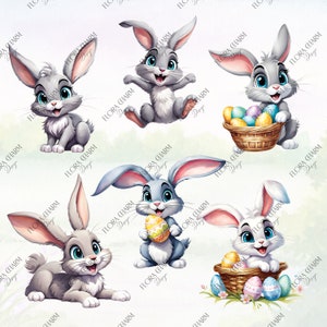 Easter Bunnies Clipart Bundle, Cute Spring Rabbit PNG, Flowers Basket ...