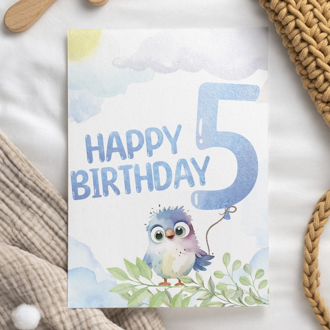 Happy Birthday Card for 5th Birthday, Printable Bday Cards, Cute Bird ...