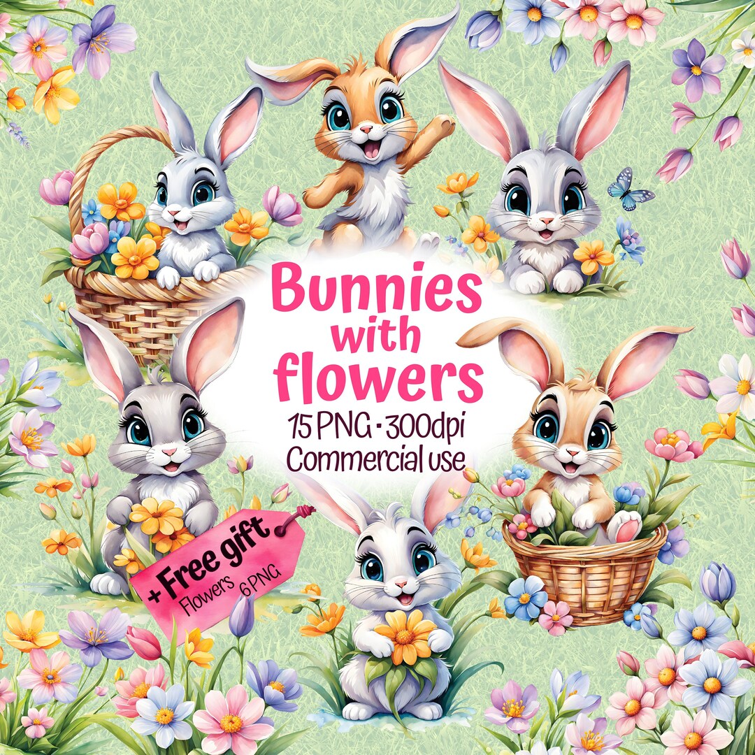 Bunnies With Flowers Clipart, Cute Bunny PNG, Spring Floral Design ...