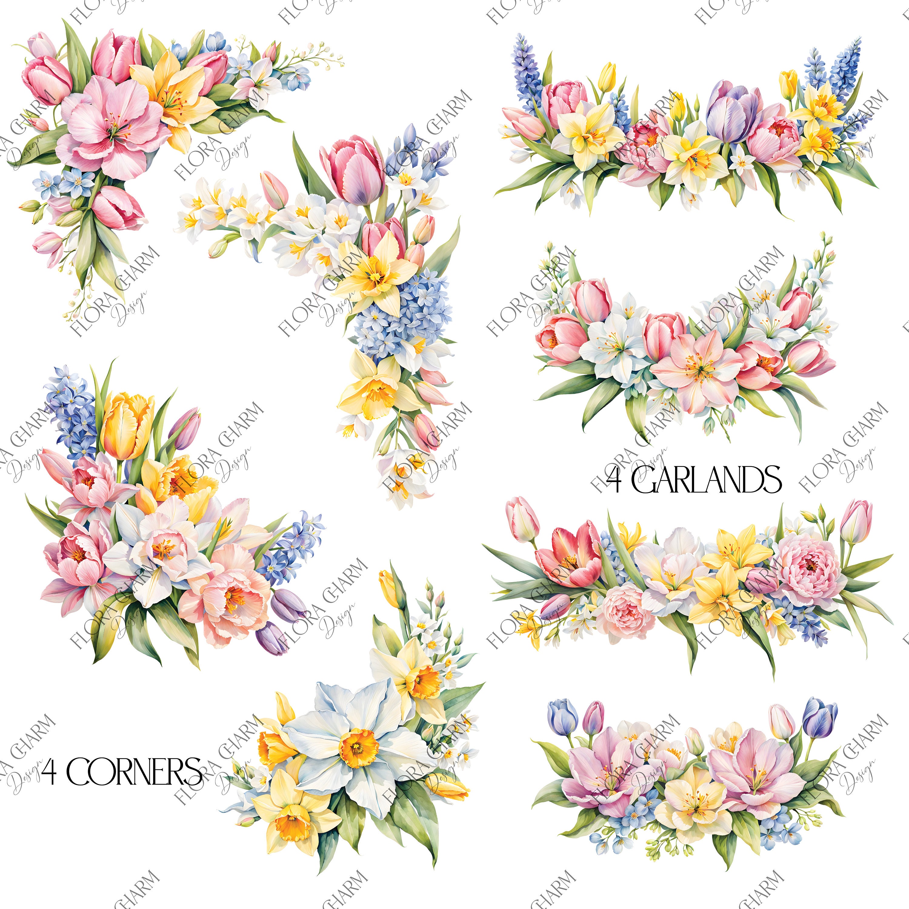 Spring Flowers Clipart Bundle, Daffodils, Tulips, Hyacinths PNG ...