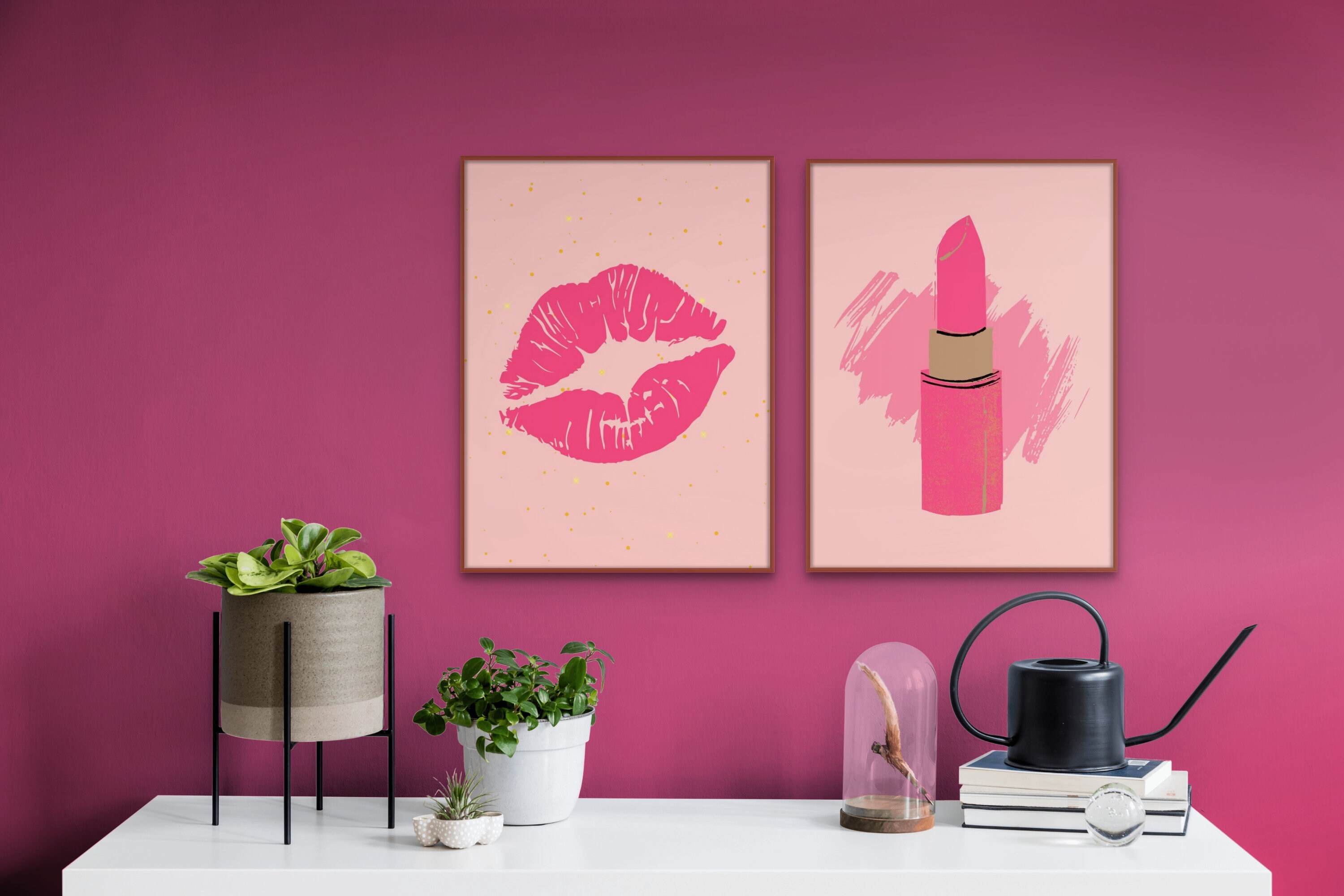 Preppy Wall Art, Set of Two, Lips and Lipstick, Pink Preppy Decor for ...