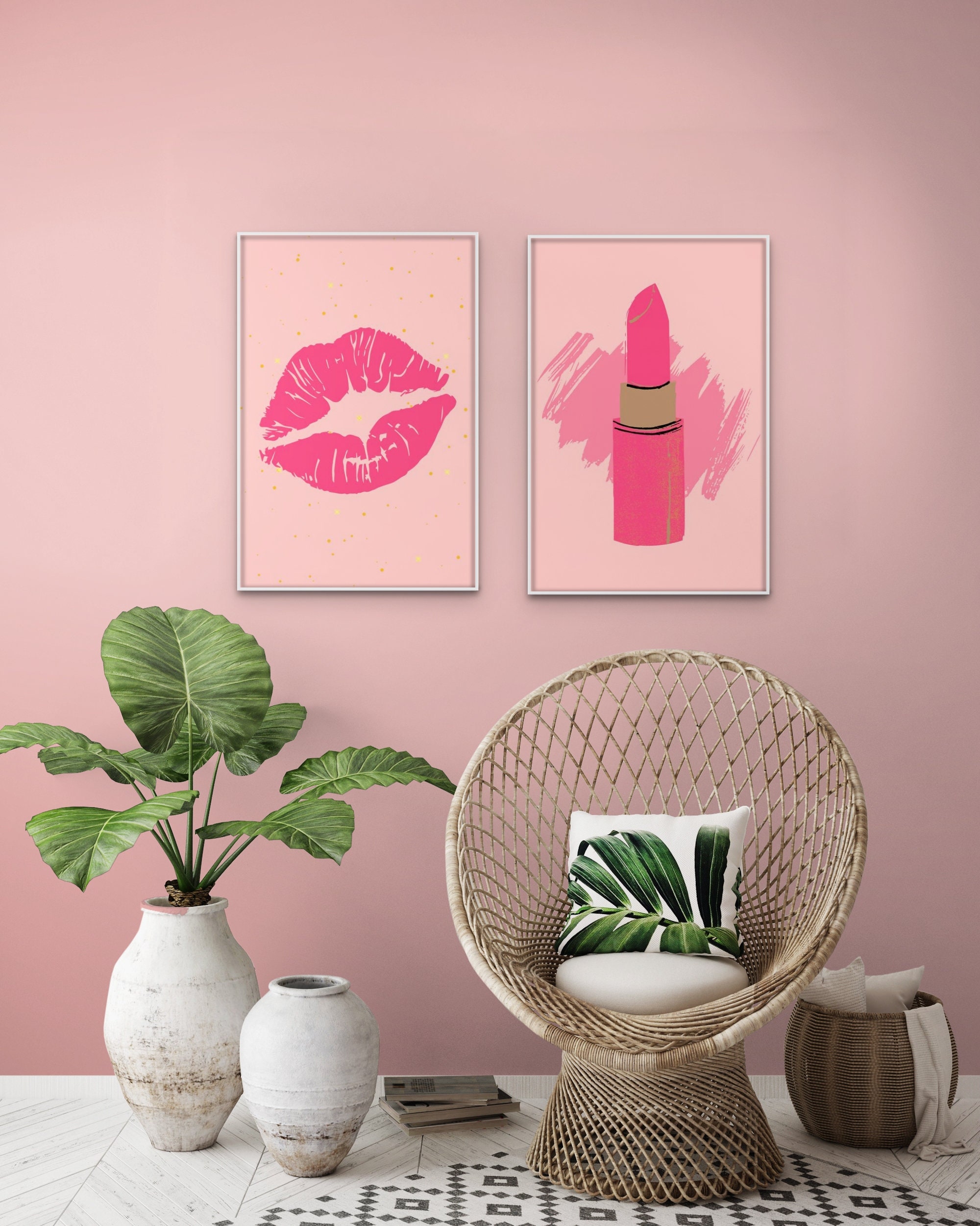 Preppy Wall Art, Set of Two, Lips and Lipstick, Pink Preppy Decor for ...