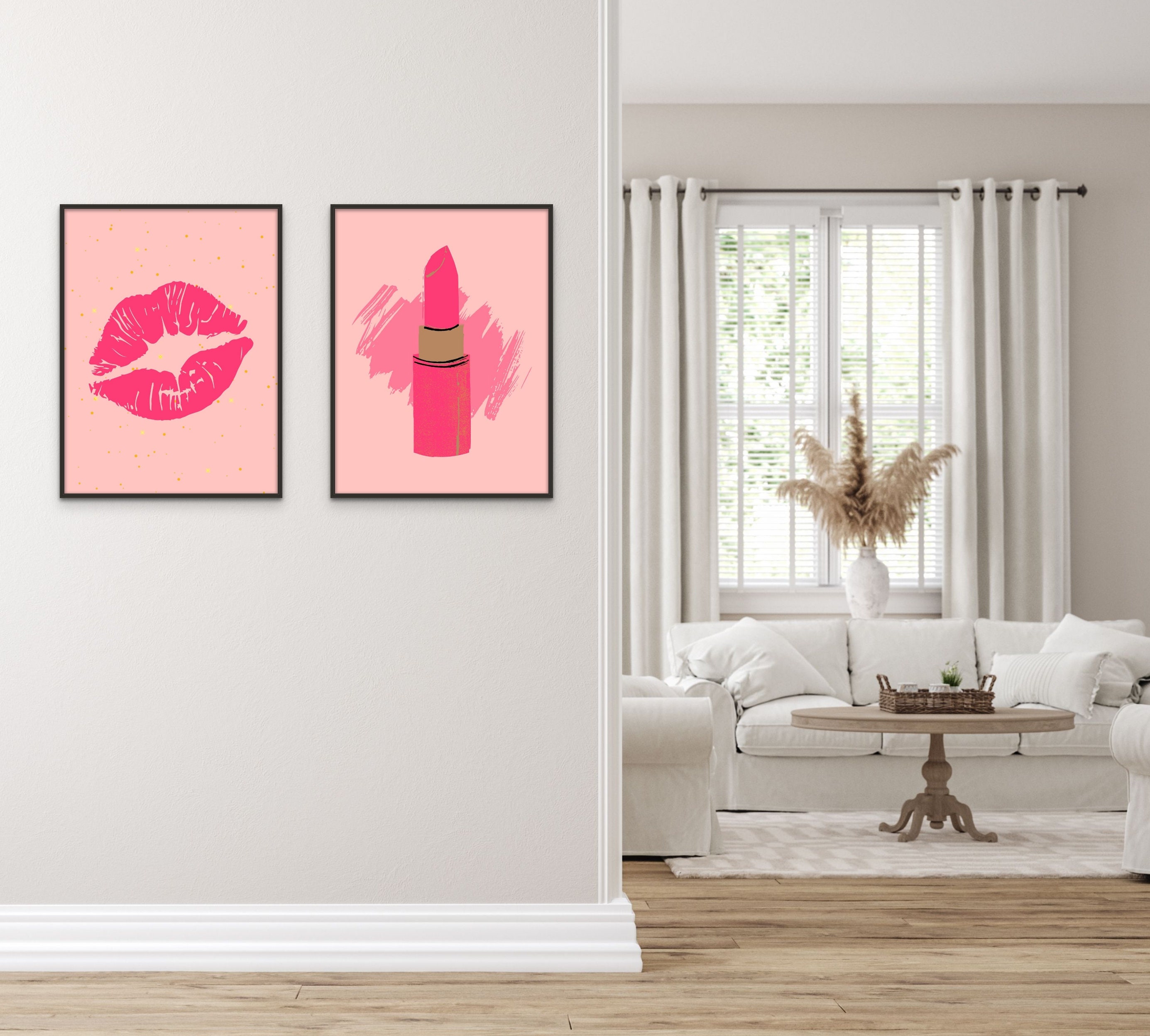 Preppy Wall Art, Set of Two, Lips and Lipstick, Pink Preppy Decor for ...